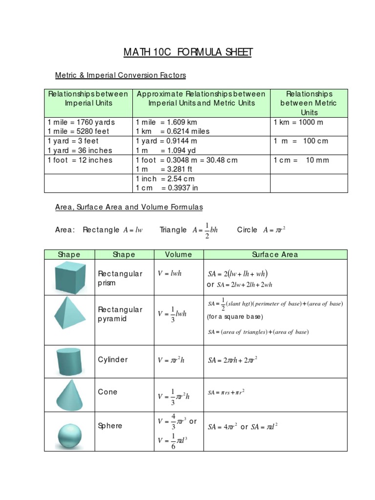 Math 10C Formula Sheet: Metric & Imperial Conversion Factors | PDF