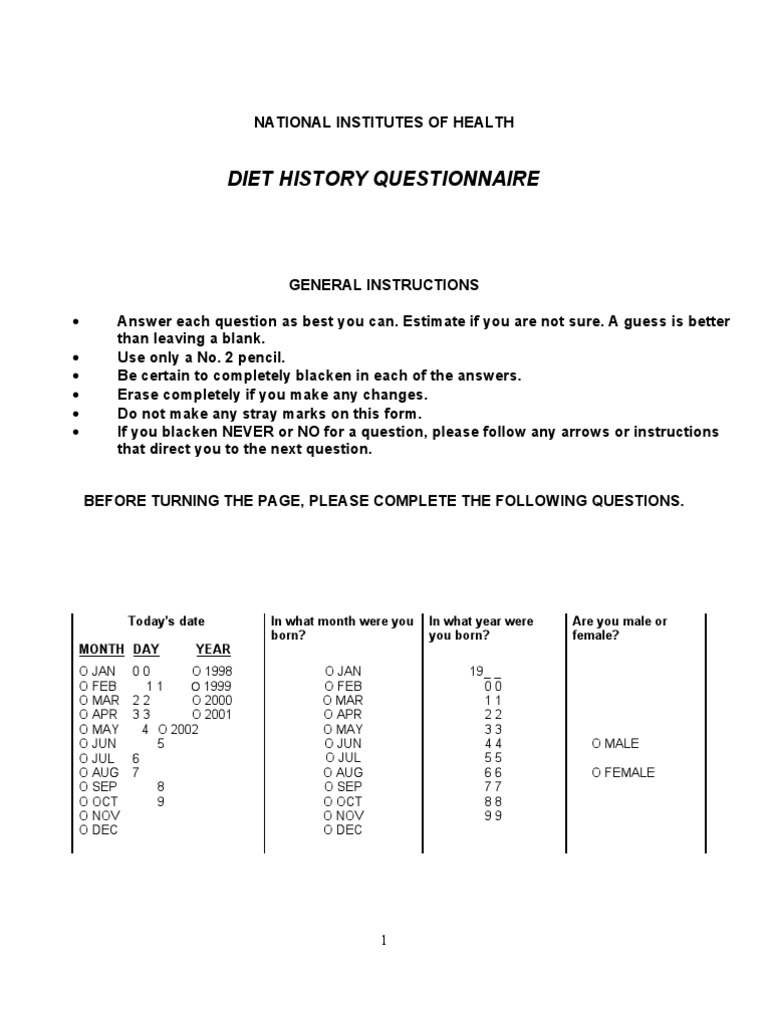 NIH Diet History Questionnaire Guide | PDF | Juice | Diet & Nutrition