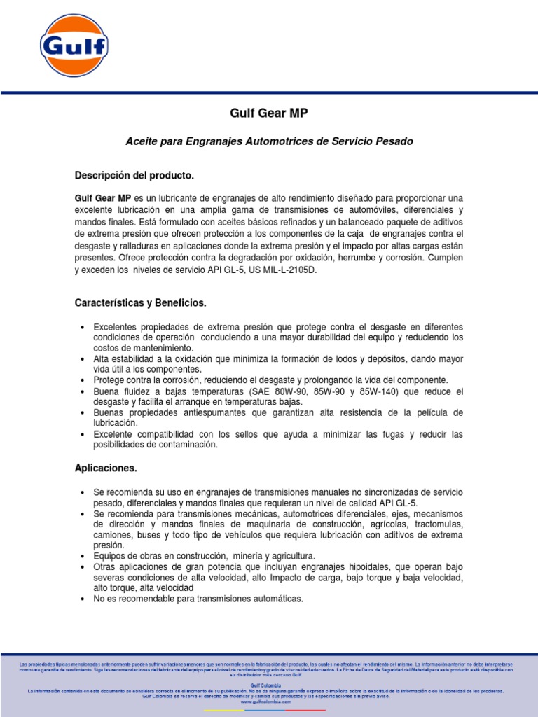 Gulf Gear MP Sae 80w-90, 85w-140 API Gl-5 | PDF | Lubricante | Engranaje Gulf Gear MP Sae 80w-90, 85w-140 API Gl-5 | PDF | Lubricante | Engranaje