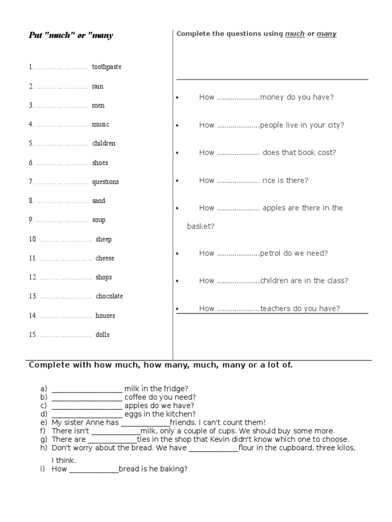Complete The Questions Using Much or Many | PDF | Cooking, Food & Wine