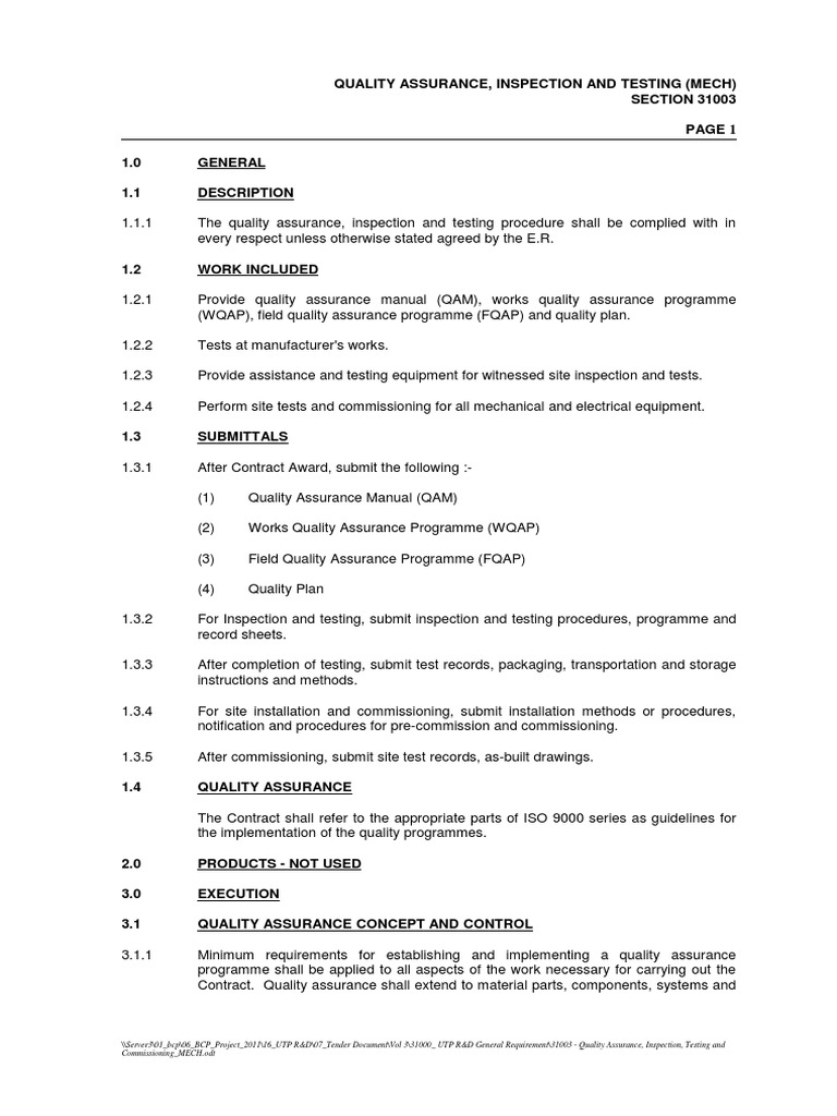Quality Assurance, Inspection, Testing and Commissioning - MECH | PDF ...