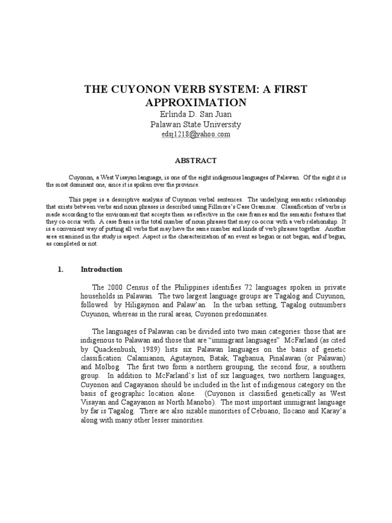 The Cuyonon Verb System: A First Approximation | PDF | Phrase | Verb