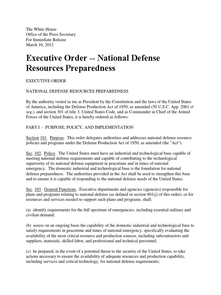 Executive Order 13603 - National Defense Resources Preparedness | PDF ...