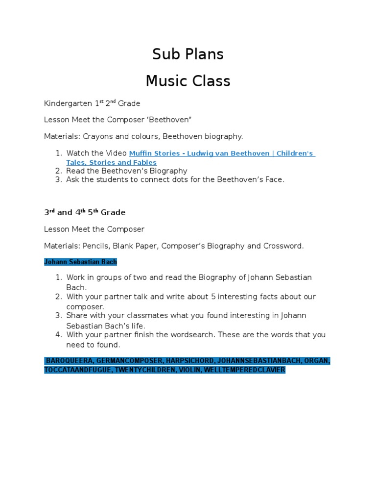 Sub Plans Music Class: 3 and 4 5 Grade | PDF