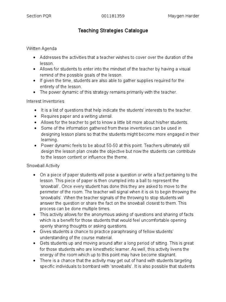 Teaching Strategies Handout | PDF | Lesson Plan | Classroom