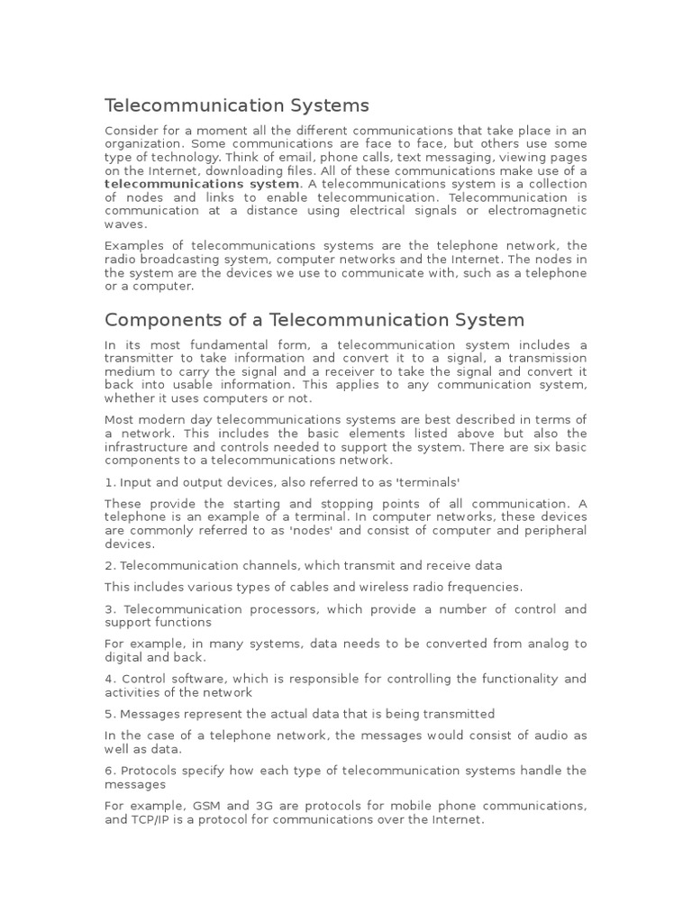 Telecommunication Systems: Telecommunications System. A ...