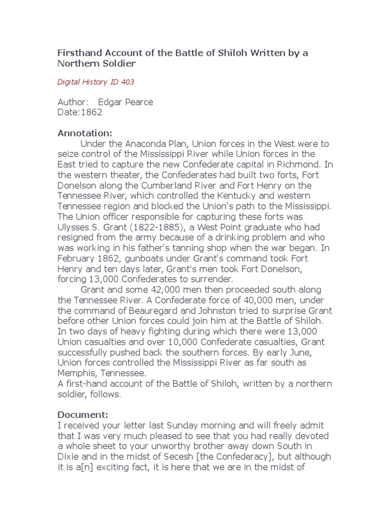 Firsthand Account of The Battle of Shiloh Written by A | PDF | Battle ...