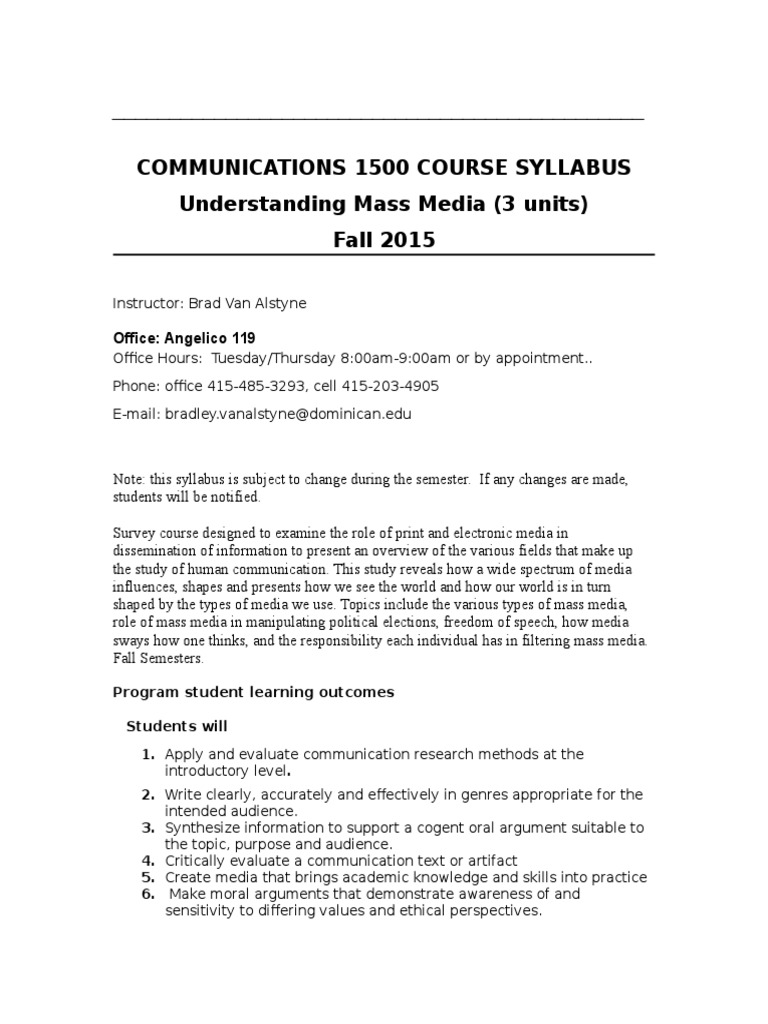 Communications 1500 Course Syllabus Understanding Mass Media (3 Units ...