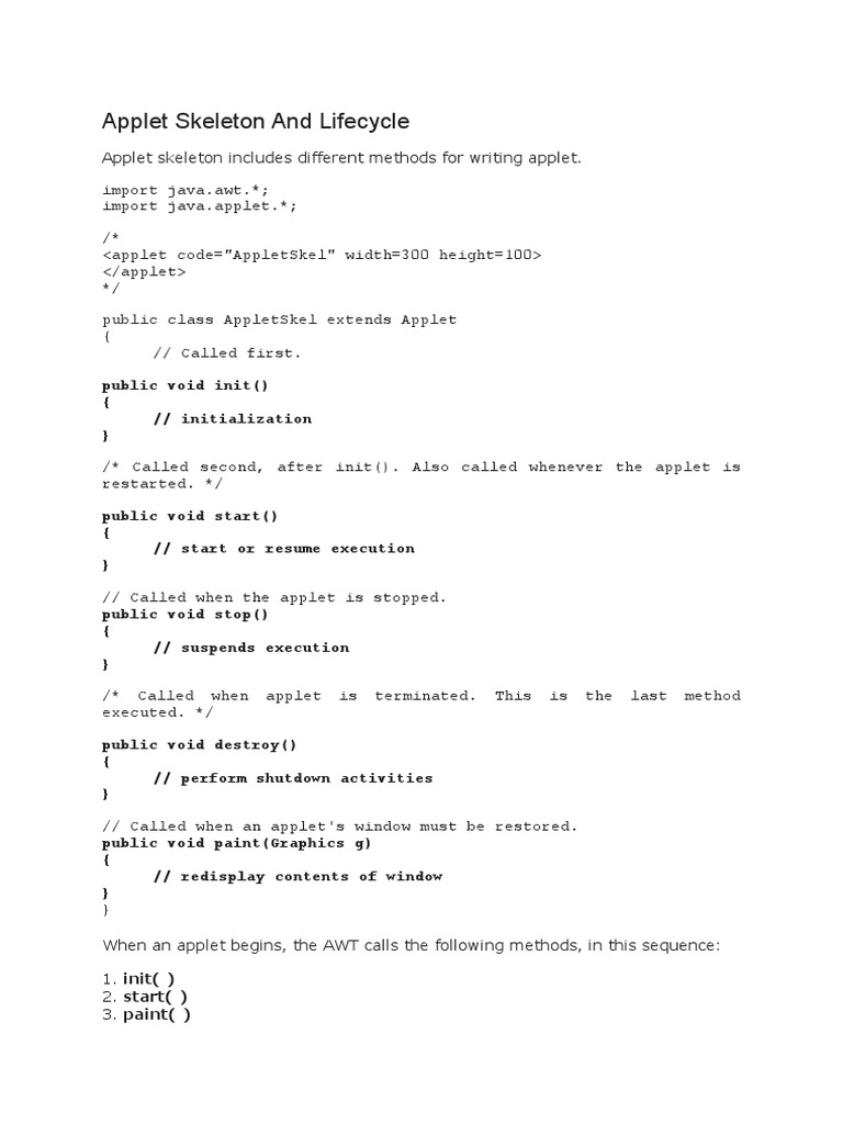 Applet Skeleton and Lifecycle | PDF | Html | Java (Programming Language)