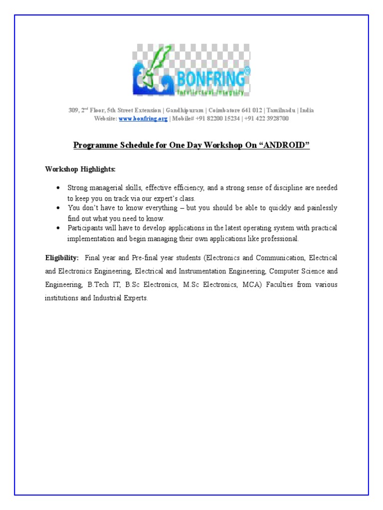 Programme Schedule For One Day Workshop On "ANDROID" | PDF