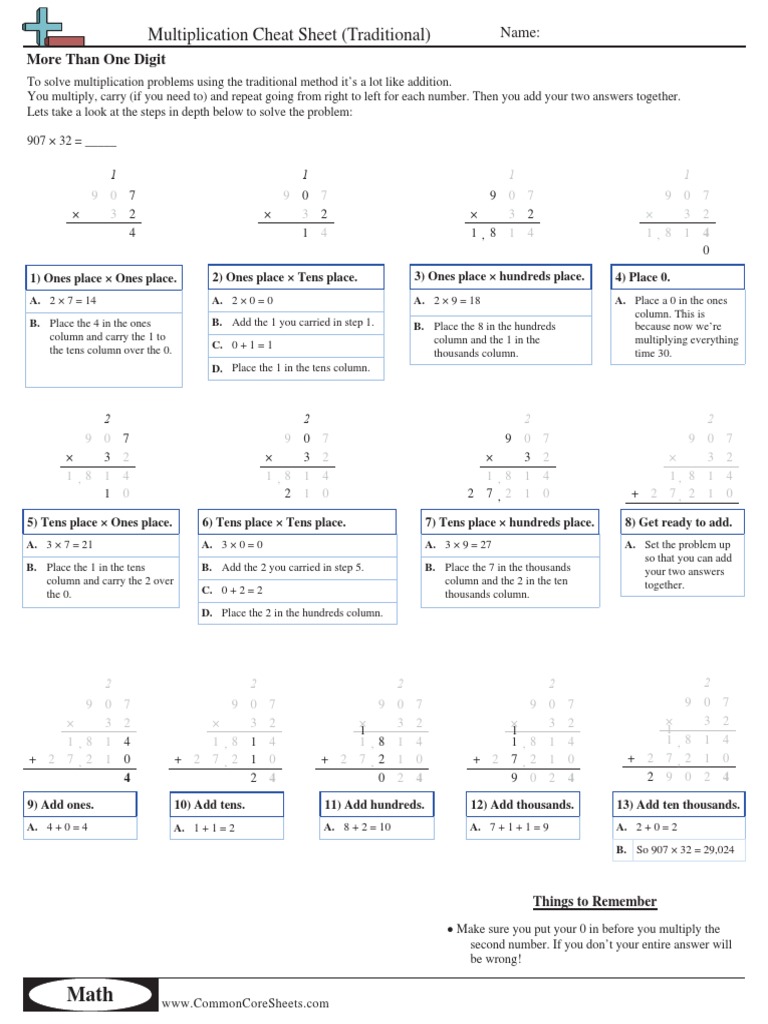 Multiplication Cheat Sheet (Traditional) : More Than One Digit | PDF