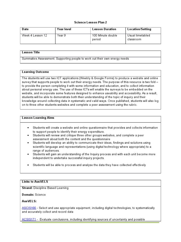 Science Lesson Plan 2 Date Year Level Lesson Duration Location/Setting ...