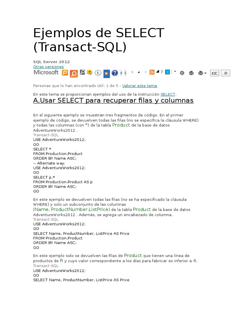 Ejemplos de SELECT | PDF | Servidor SQL de Microsoft | Tabla (base de datos)