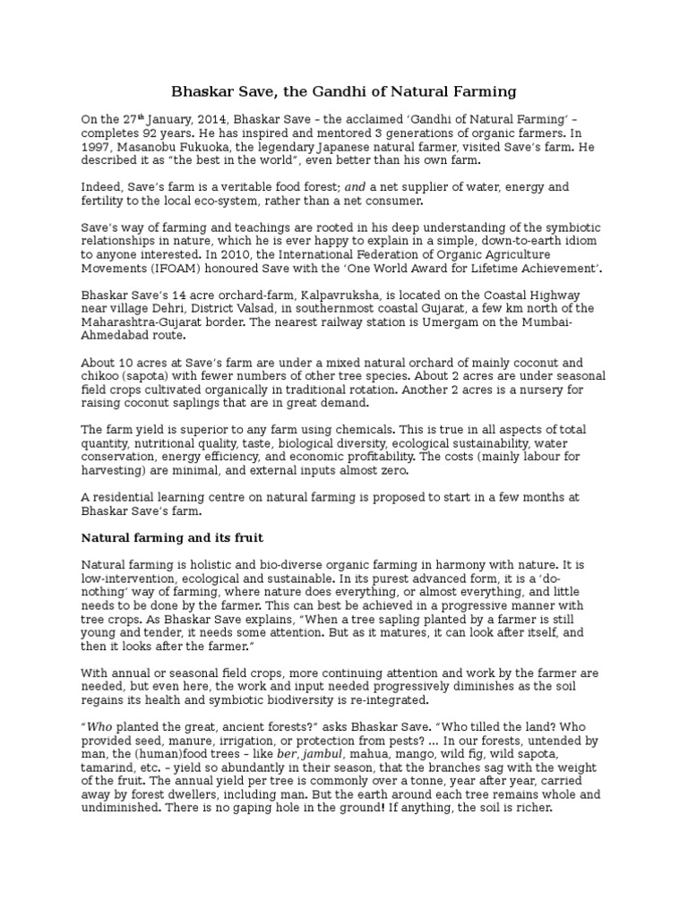 Bhaskar Save, Gandhi of Natural Farming, Edited | PDF | Mulch | Soil