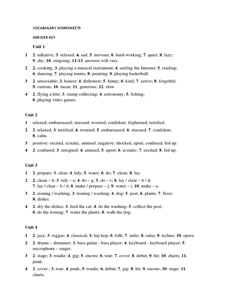 Vocabulary Worksheets Answer Key: Relaxed Embarrassed Stressed Worried ...