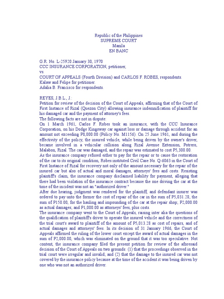 CCC Insurance Corporation v. CA, 31 SCRA 264 (1970) | PDF | Insurance ...