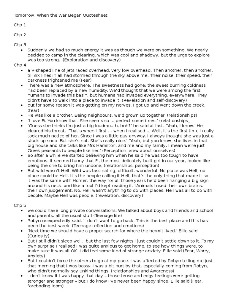 Tomorrow When The War Began Quote Sheet | PDF | Fear | Psychological ...