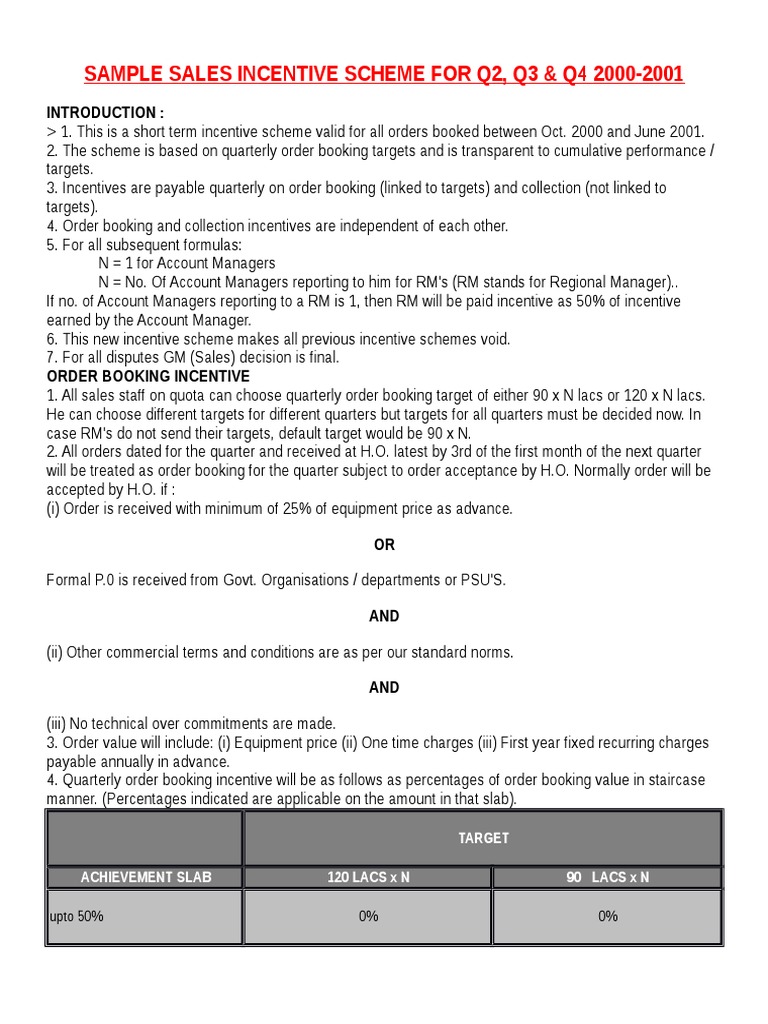 Sample Sales Incentive Scheme for Quarter | Economies | Business