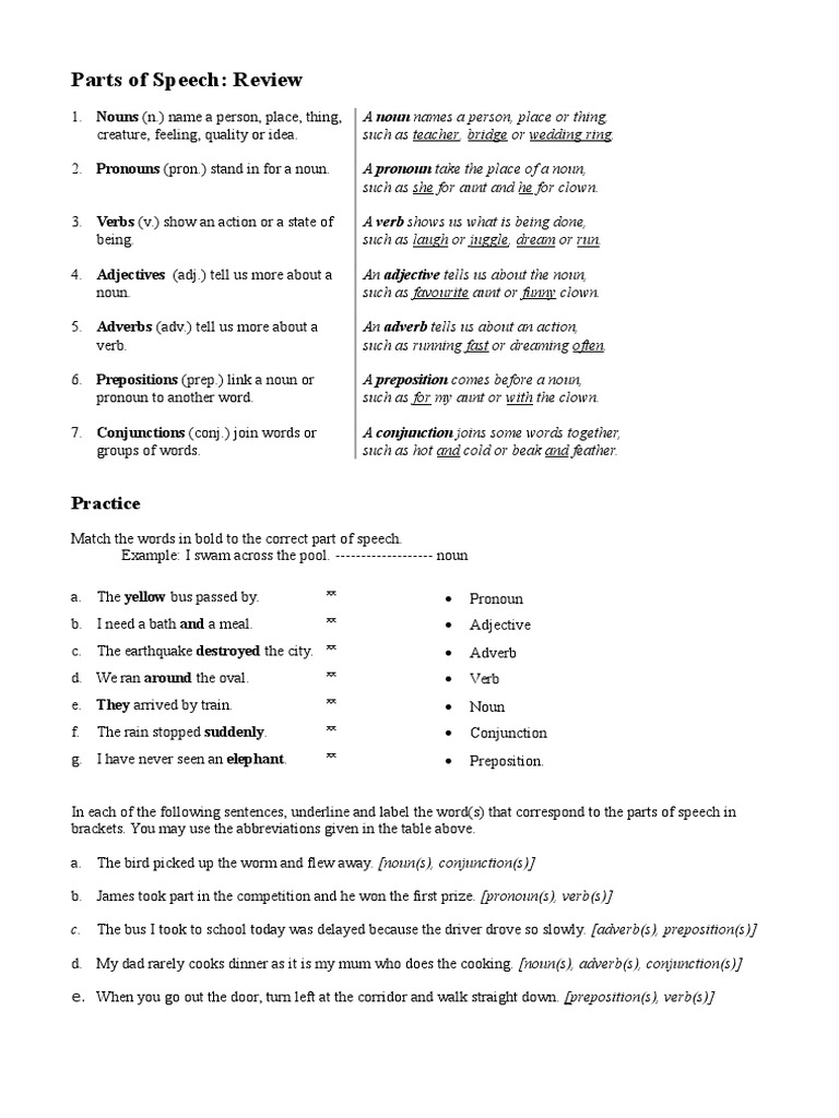 Parts of Speech: Review: Practice | PDF | Part Of Speech | Adverb