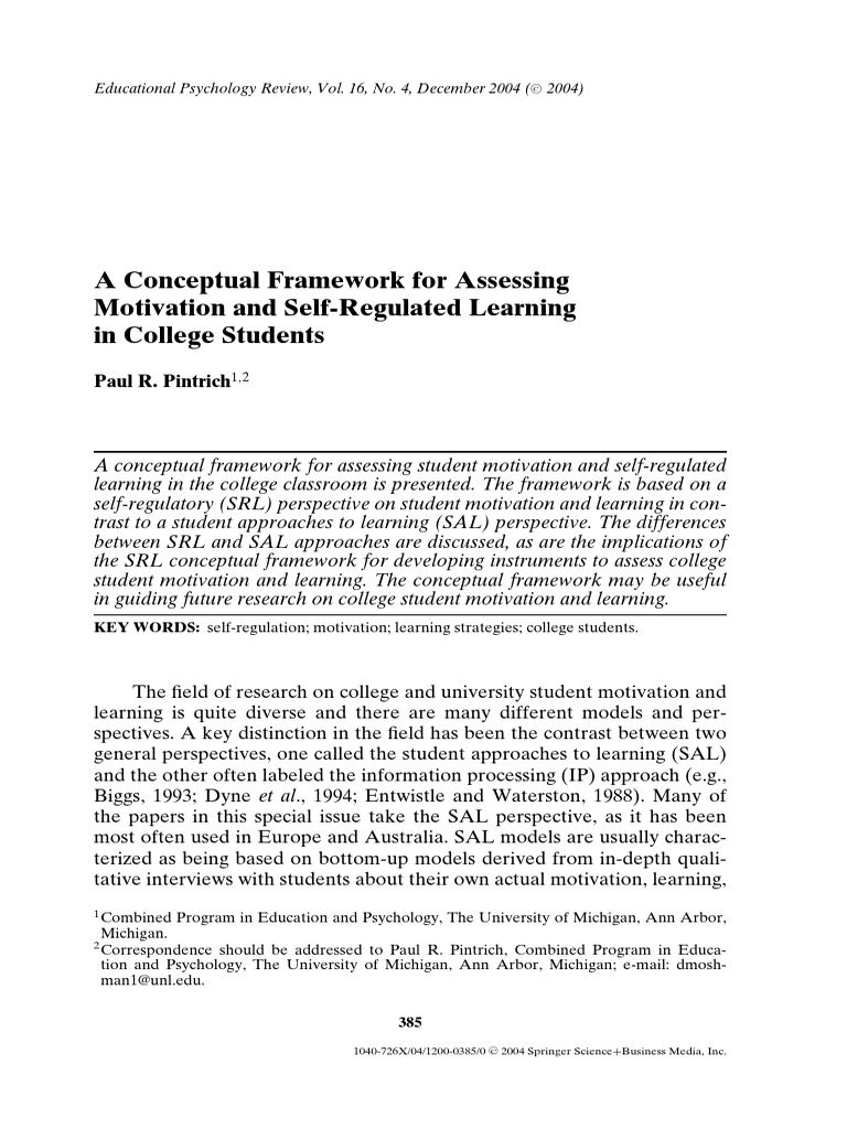 A Conceptual Framework For Assessing Pintrich | PDF | Metacognition ...