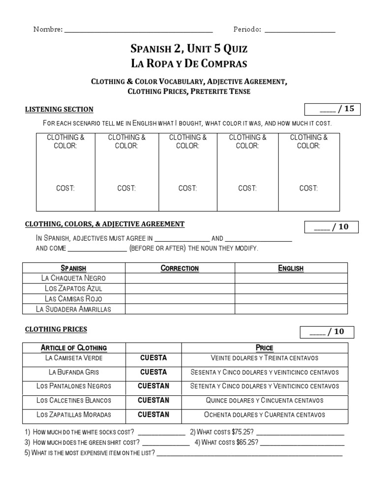 Unit 5 Quiz - La Ropa y de Compras (Spanish 2) | PDF | Adjective ...
