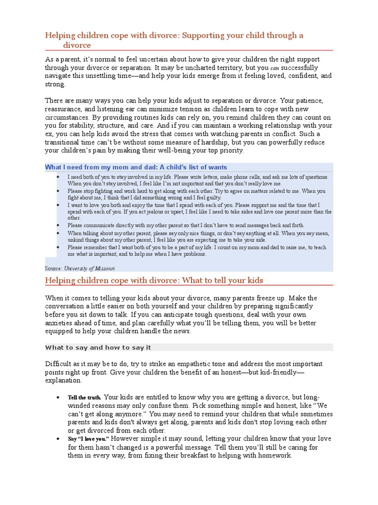 Helping Children Cope With Divorce | PDF | Depression (Mood) | Divorce
