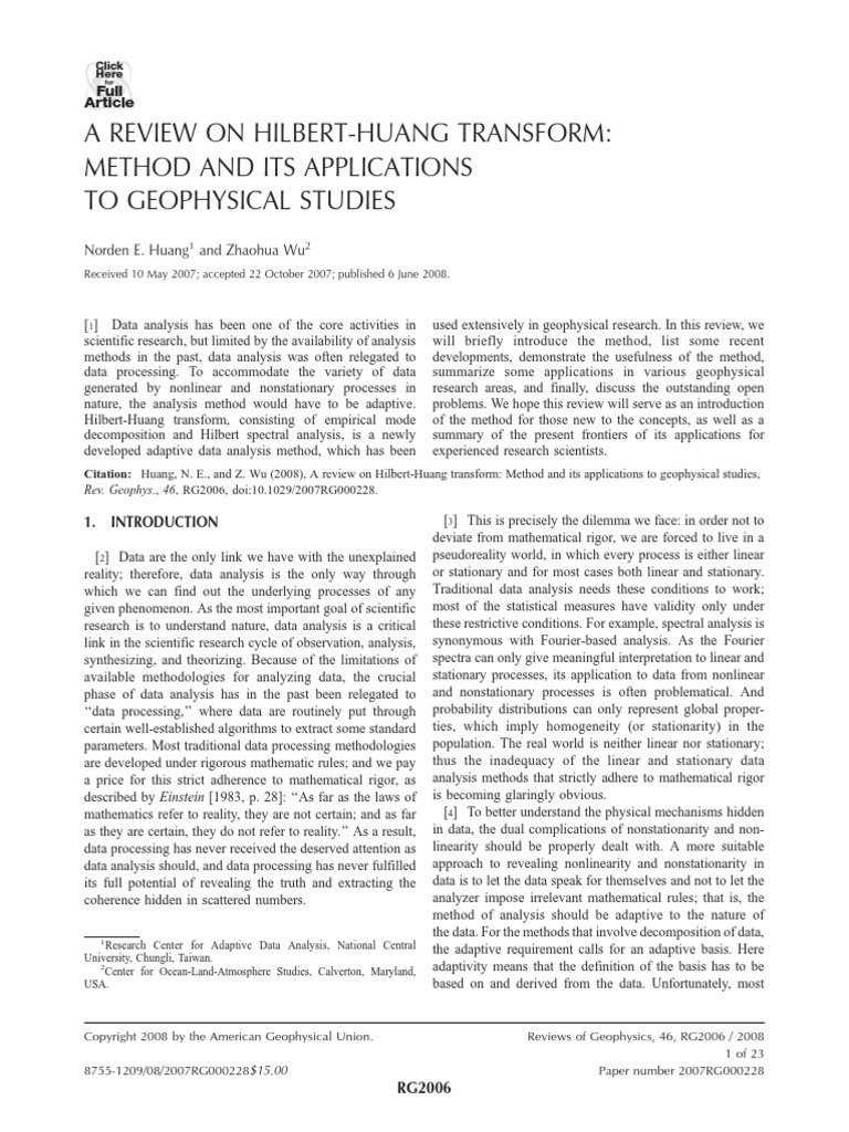 A Review On Hilbert-Huang Transform: Method and Its Applications To Geophysical Studies | PDF ...