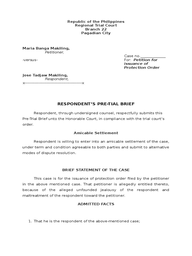 defendant's pre-trial brief sample | Brief (Law) | Restraining Order