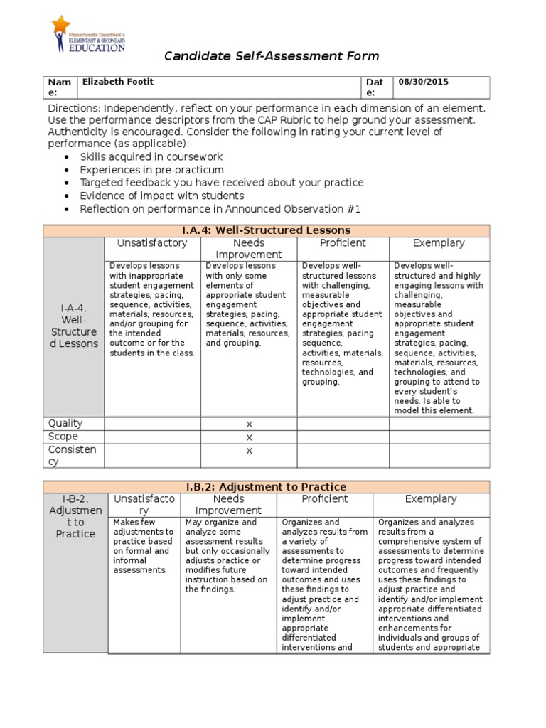 Candidate Self-Assessment Form: Nam E: Dat e | PDF | Reflective ...