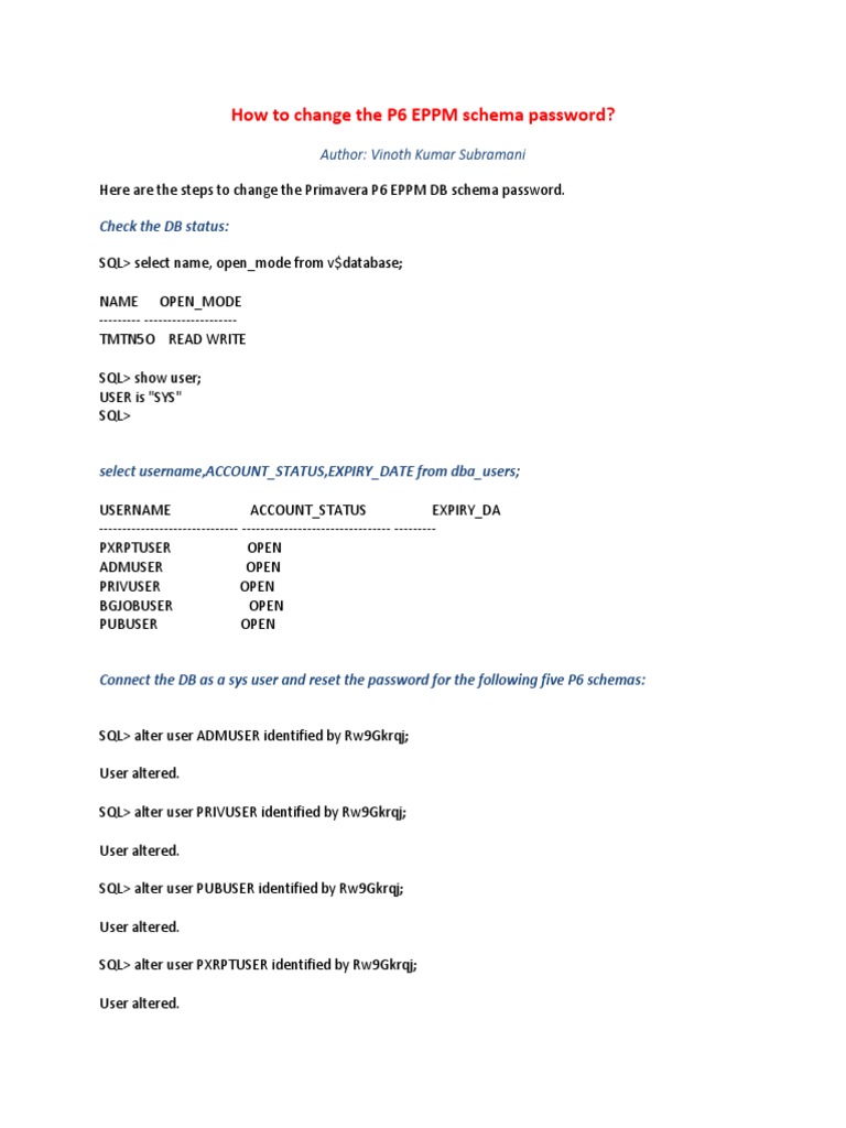Change Primavera P6 EPPM Schema Password | PDF | Password | User ...