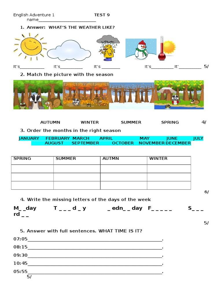 English Adventure 1TEST 9 Weather | PDF | Seasons | Nature