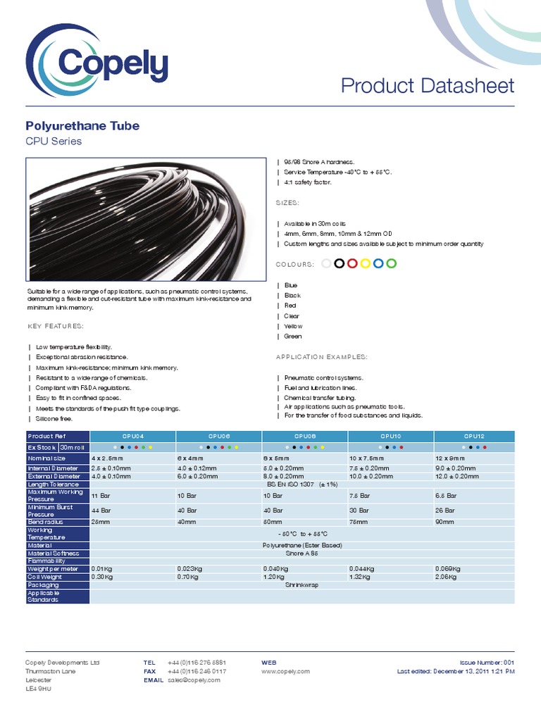 Polyurethane Tube CPU Series Datasheet | PDF