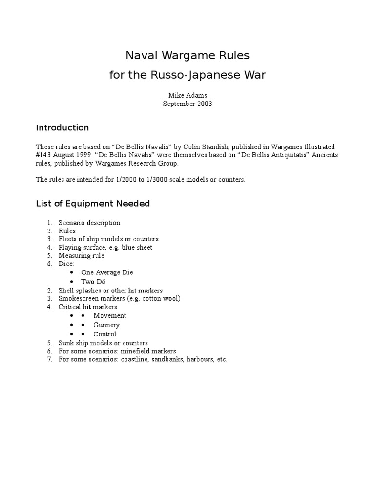 Naval Wargame Rules For The Russo-Japanese War | PDF | Naval Mine | Cruiser