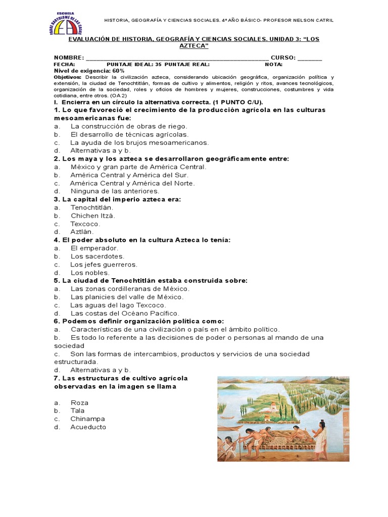 Evaluación Historia Unidad 3 Los Aztecas | PDF | azteca | Mesoamérica