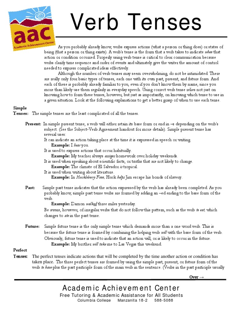 Verb Tenses: Academic Achievement Center | PDF | Grammatical Tense ...