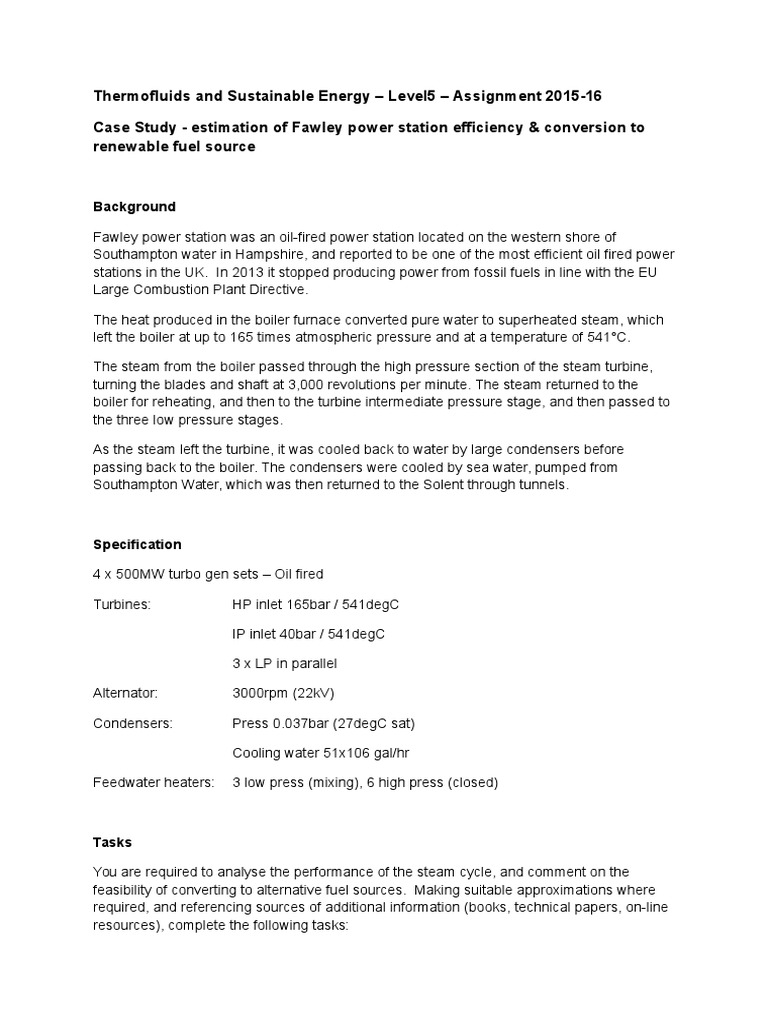 Thermofluids - Level5 - Assignment-1 2015-16 | PDF | Boiler | Power Station