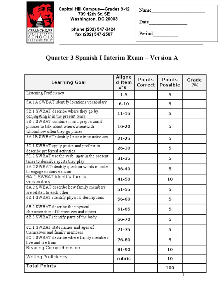 Q3 Spanish I Interim Exam - Version A | PDF | Idiom | Vocabulary