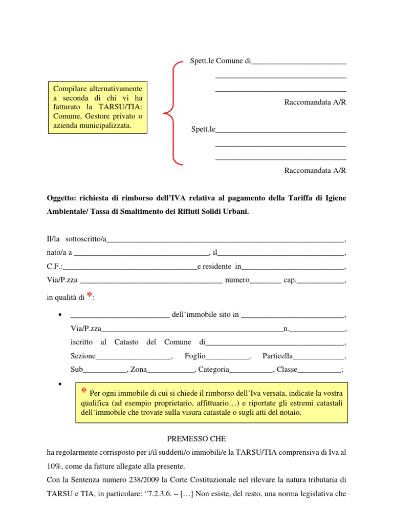 Modulo Per Rimborso Iva Sulla Tassa Rifiuti | PDF