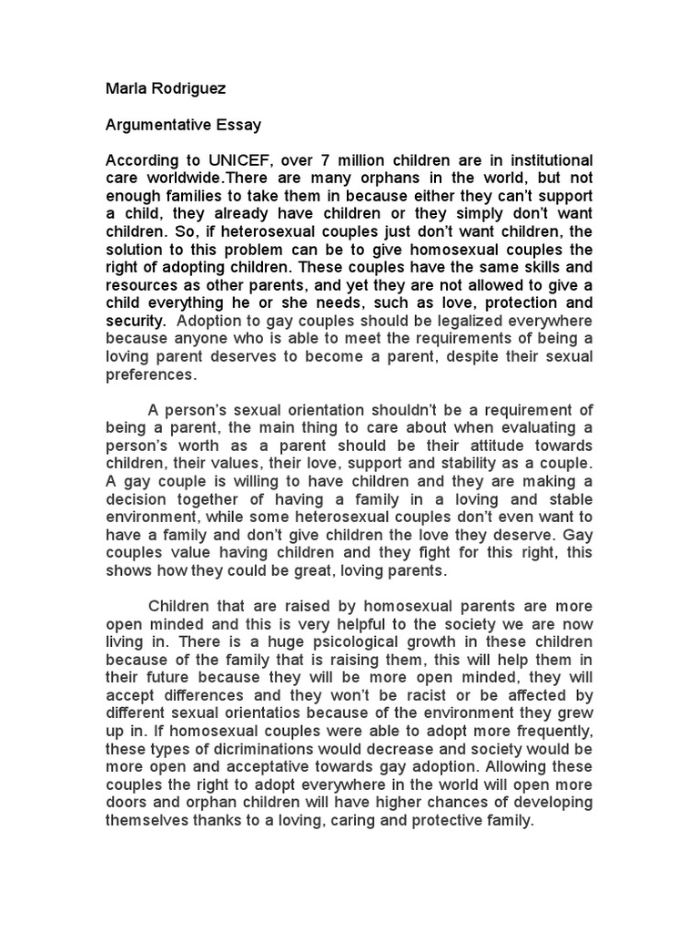 Argumentative Essay | PDF | Homosexuality | Adoption