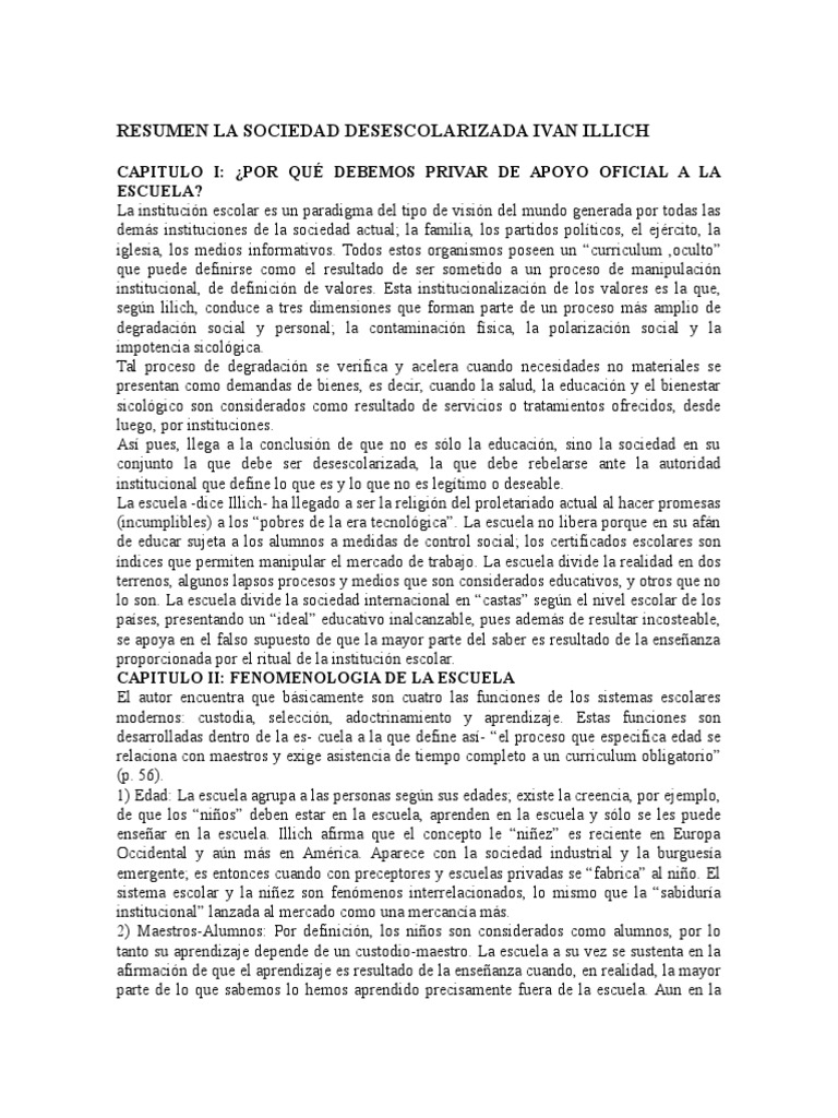 Resumen La Sociedad Desescolarizada Ivan Illich | PDF | Institución ...