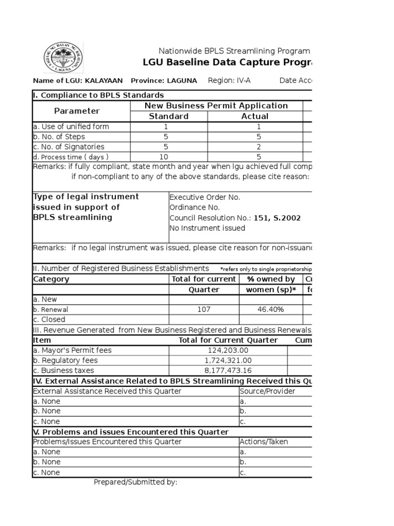 BPLS M&E Form B-1 Baseline Data Capture Form | PDF | Government ...