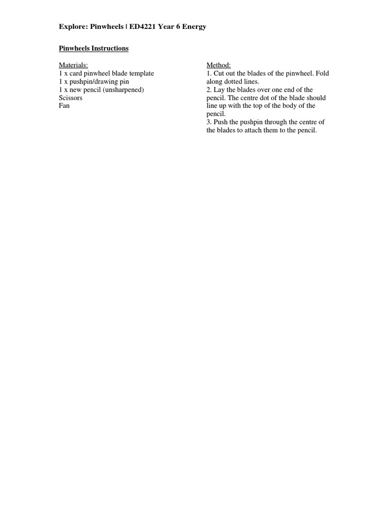 Pinwheel Energy Experiment Guide | PDF | Home & Garden
