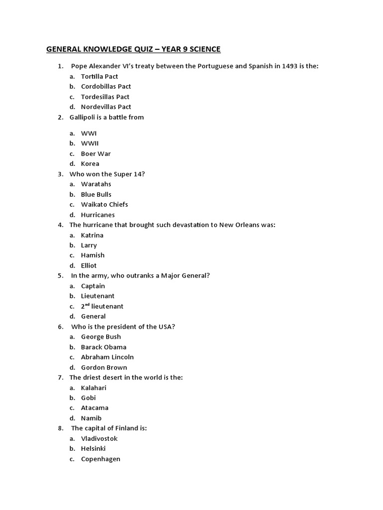 General Knowledge Quiz - Year 9