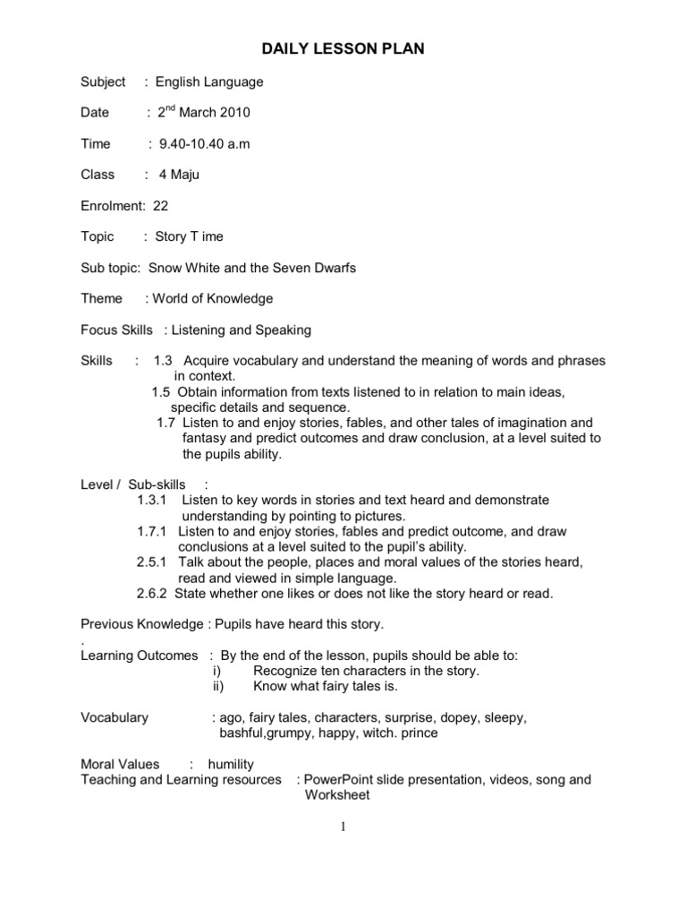 Lesson Plan English Year 4 - Story Time | PDF