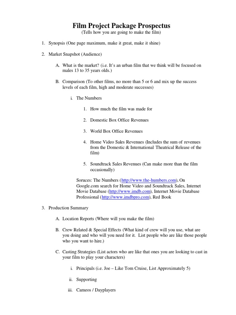 Film Project Package Prospectus (Template) | Investor | Stocks