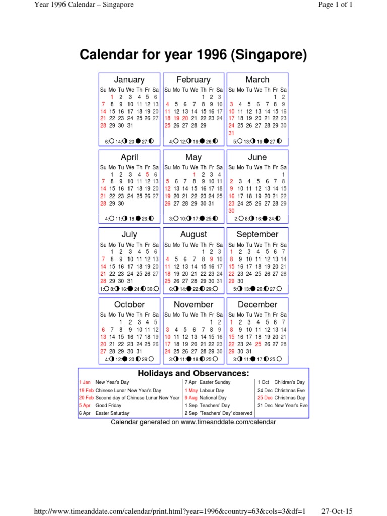 Calendar For Year 1996 (Singapore) : January February March | PDF | Travel