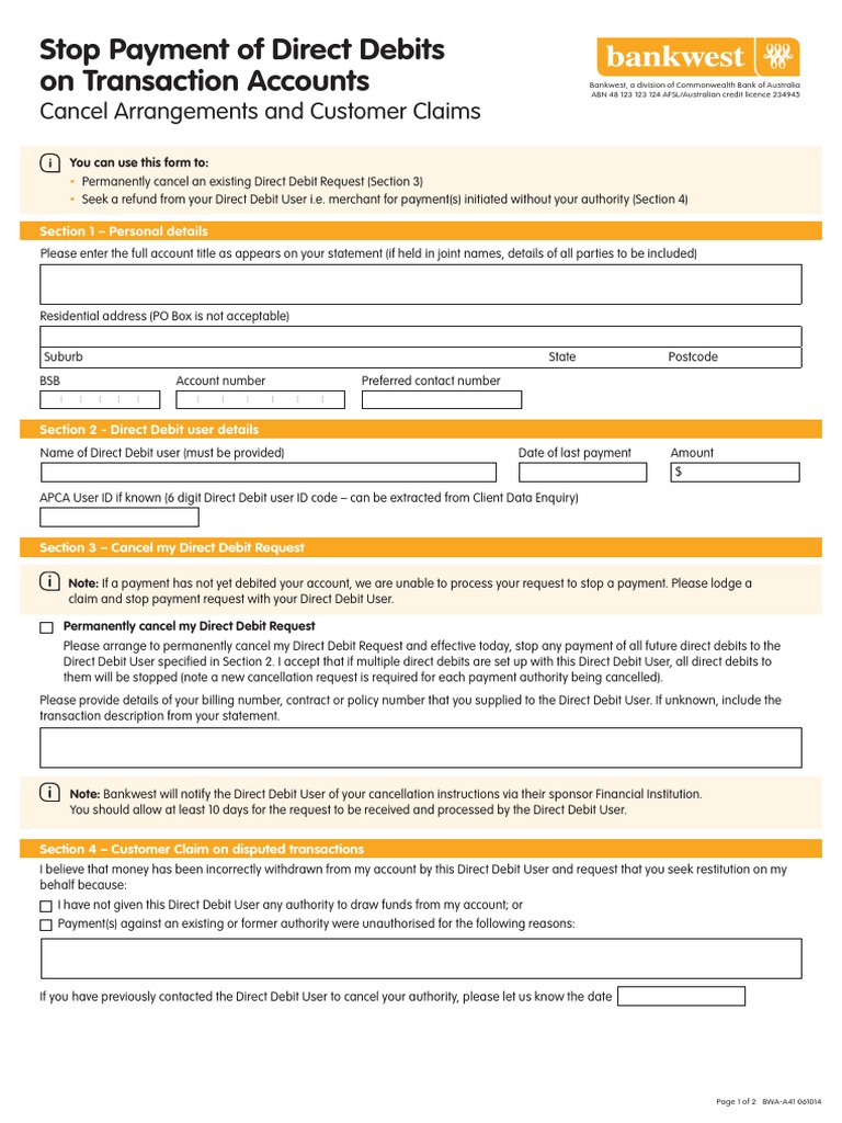 Stop Payment of Direct Debits Form | PDF | Debit Card | Service Industries