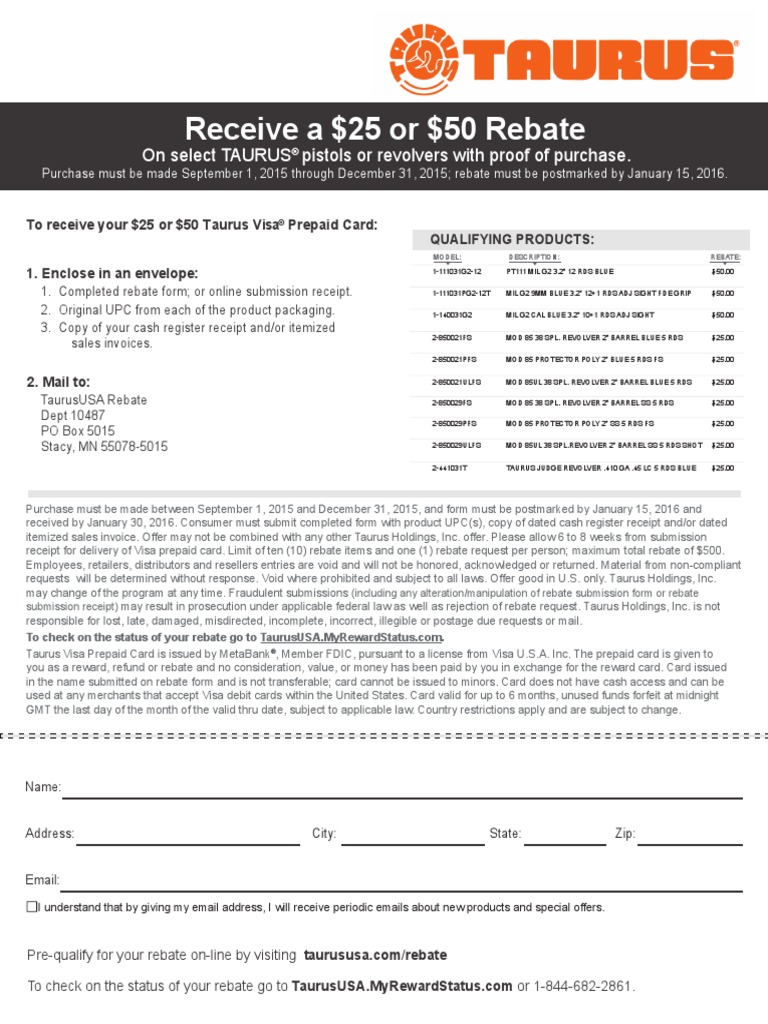 Taurus USA Rebate Form - FINAL - 20150831 | PDF | Rebate (Marketing ...