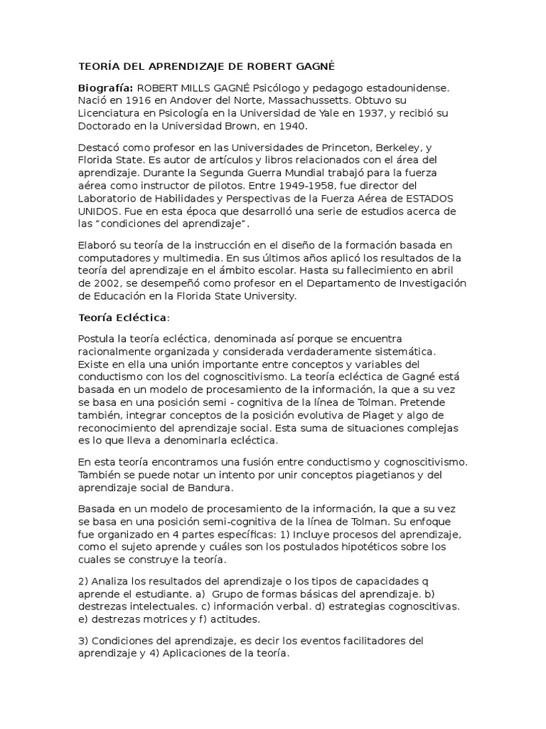 Teoría Del Aprendizaje de Robert Gagné | PDF | Memoria | Aprendizaje