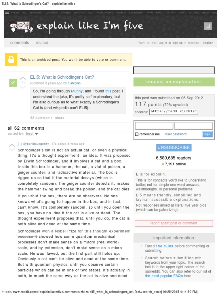 ELI5 - What Is Schrodinger's Cat - Explainlikeimfive | PDF | Quantum ...